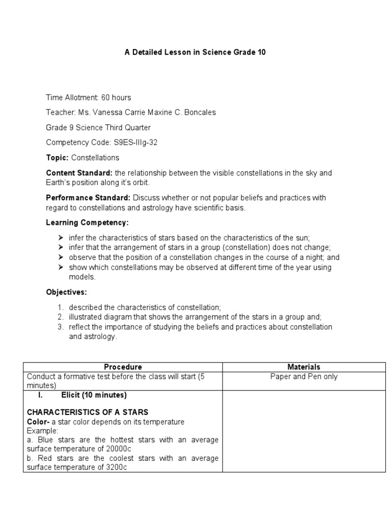 A Detailed Lesson in Science Grade 10 | PDF | Stars | Constellation