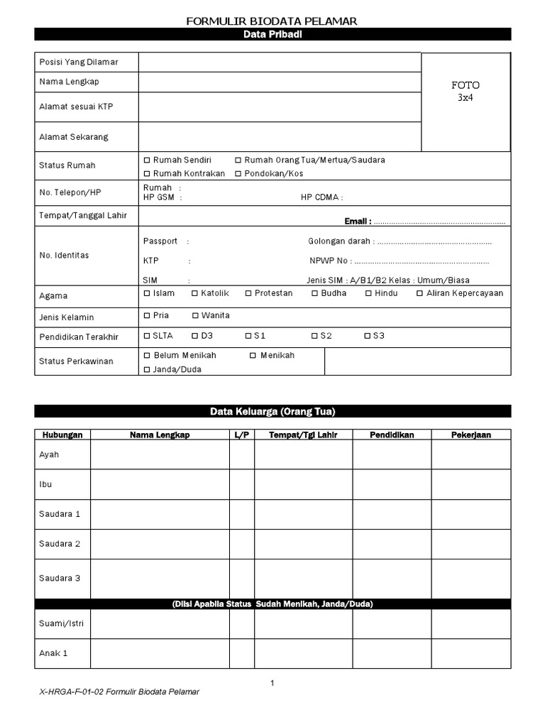 X-HRGA-F-01-02 Formulir Biodata Pelamar | PDF