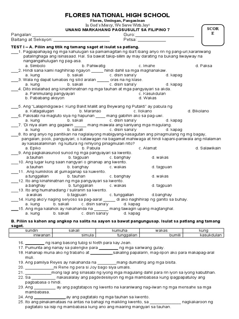 Unang Markahang Pagsusulit Sa Filipino 7 | PDF