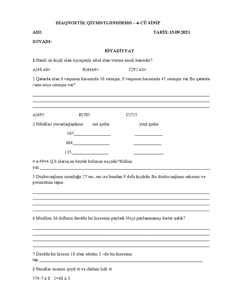 4 Sinif-Diaqnostik - Riyaz - Azərb. d.-1 | PDF