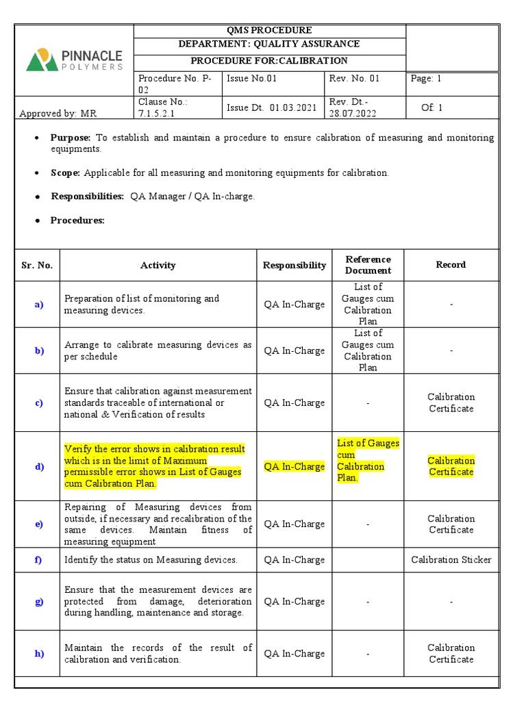 2) Procedure For Calibration | PDF