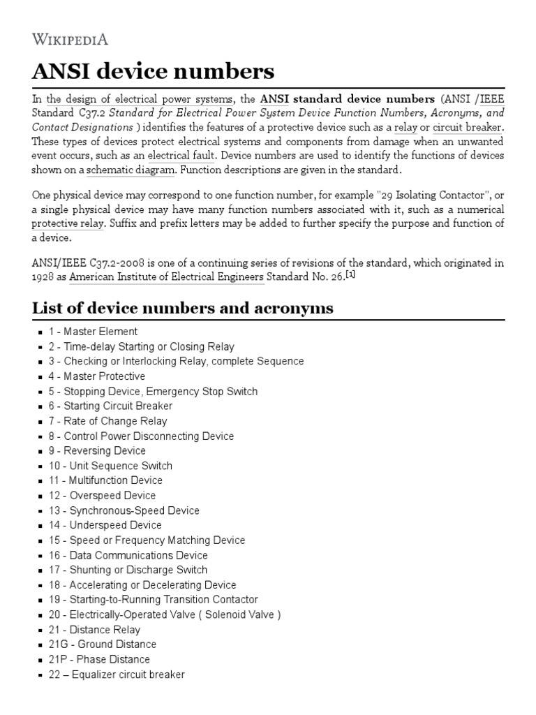 ANSI Device Numbers - Wikipedia | PDF | Relay | Switch