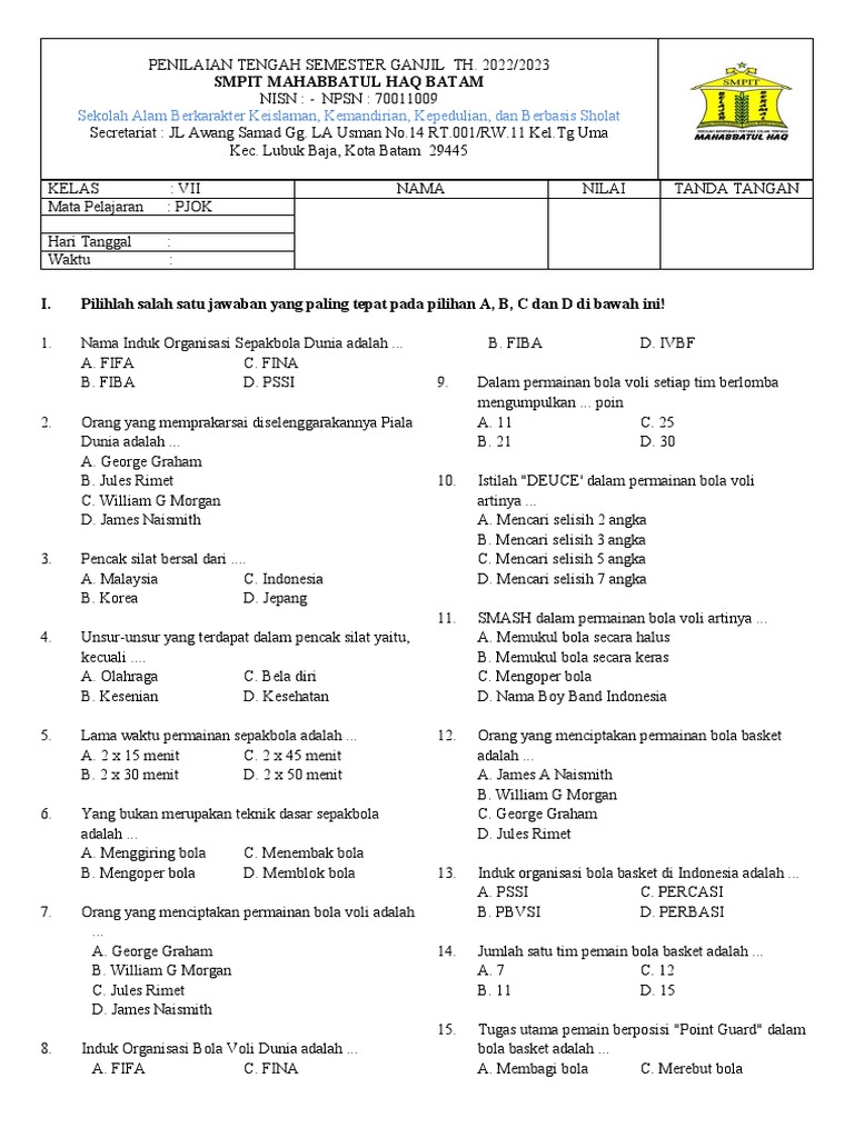 Penilaian Tengah Semester PJOK SMPIT 2022 | PDF