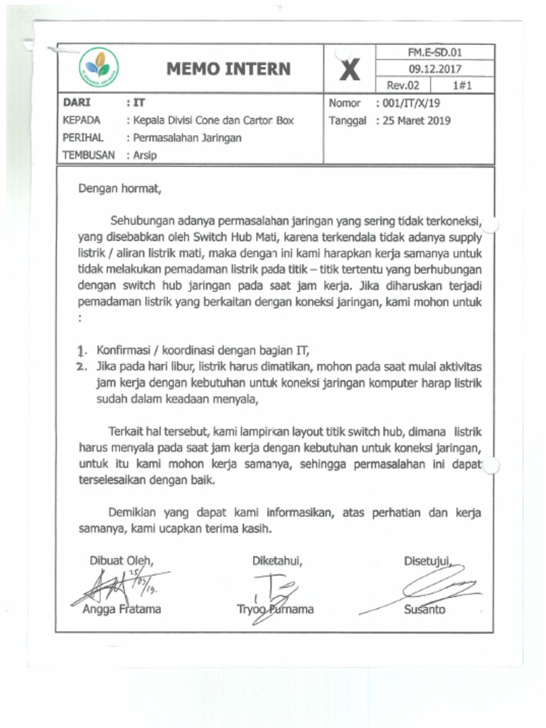Memo Intern Permasalahan Jaringan Carton Box Karena Listrik | PDF