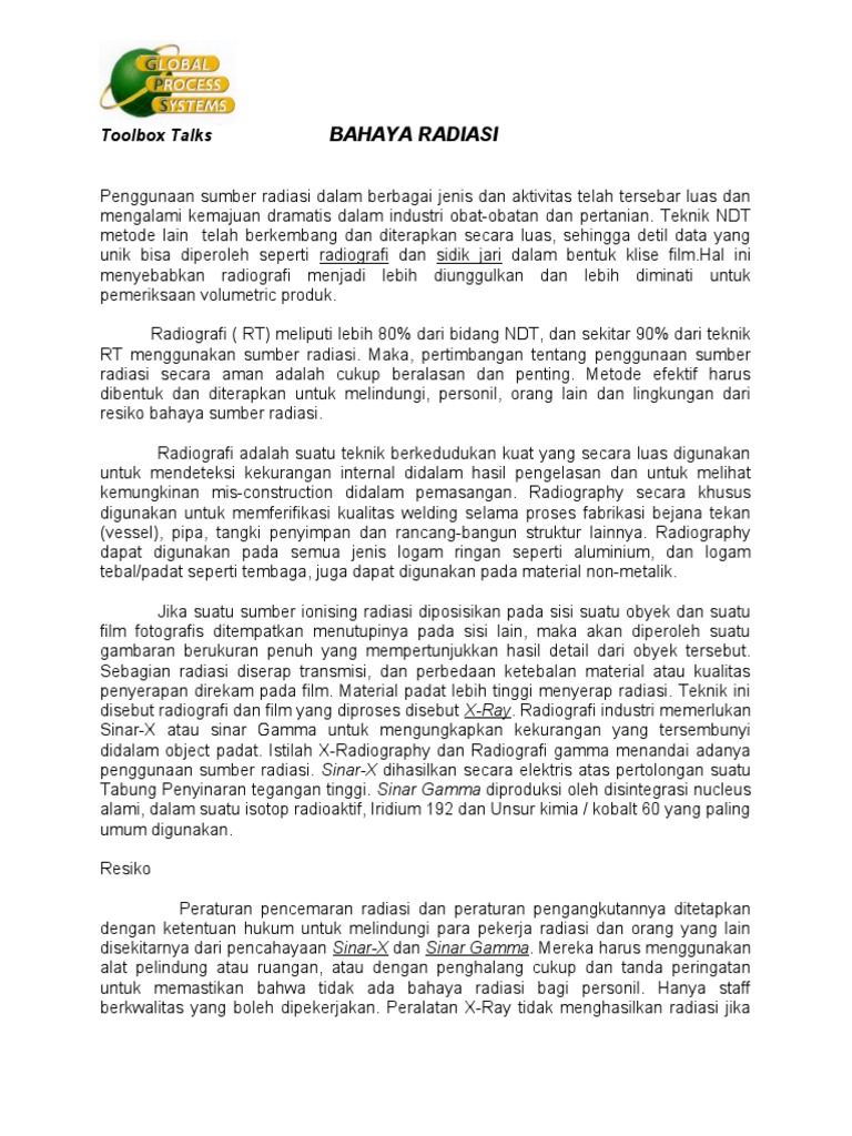 Safety Toolbox Talk Danger of Radiation | PDF