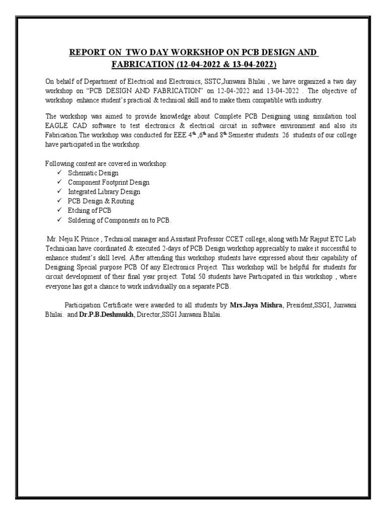 Report On Two Day Workshop On PCB Design and Fabrication | PDF | Technology & Engineering