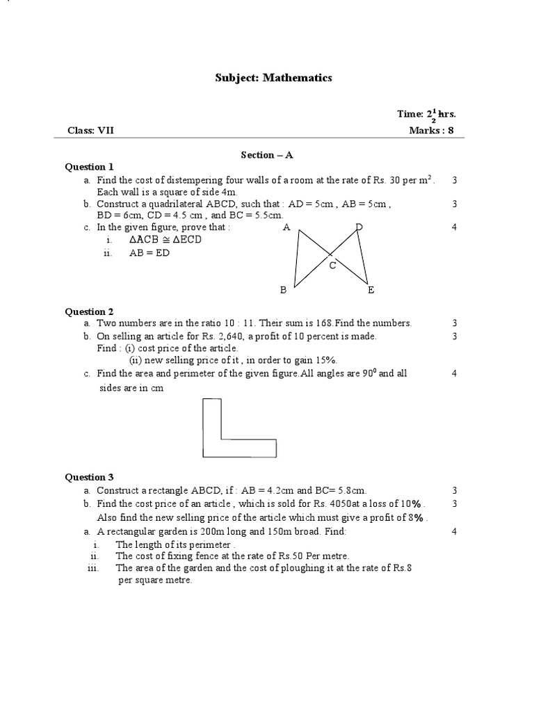 ICSE Class 7 Maths Model Question Paper Annual Exam PDF
