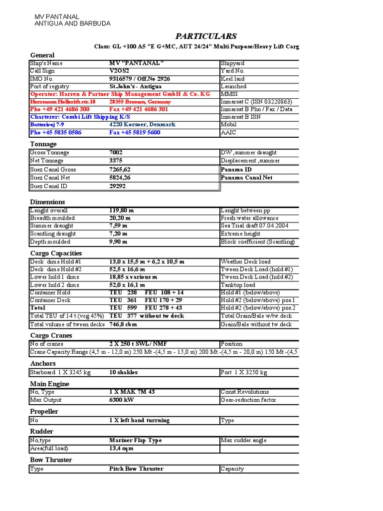 Ship's Particulars - Exl | PDF | Tonnage | Ships