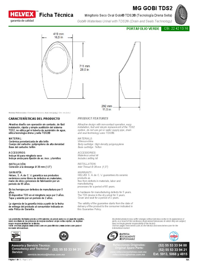 Mingitorio seco ovalado Gobi TDS2: Características y especificaciones ...