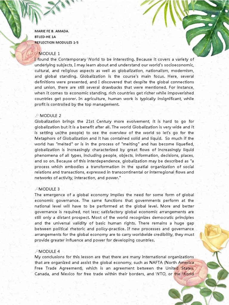 REFLECTION 1-5 For CONTEMPORARY WORLD | PDF | Globalization | North ...