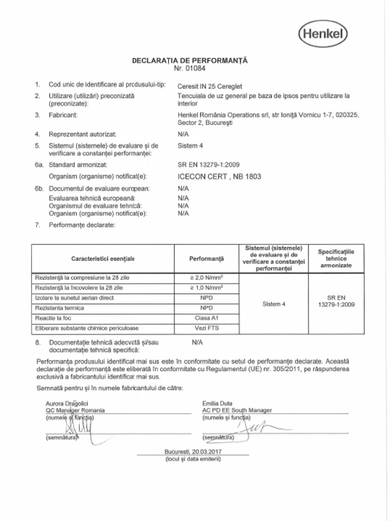 Ceresit Declaratii de Performanta Ceresit in 25 Cereglet | PDF