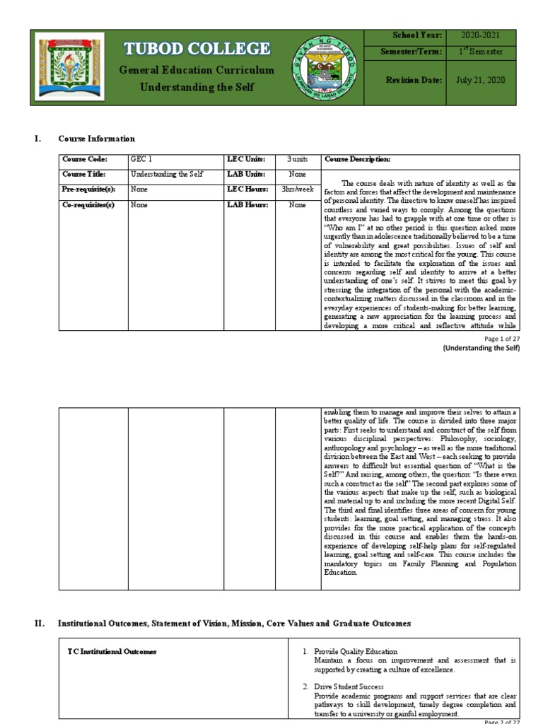 GEC 1 - Understanding The Self Syllabus | PDF | Self | Identity (Social ...