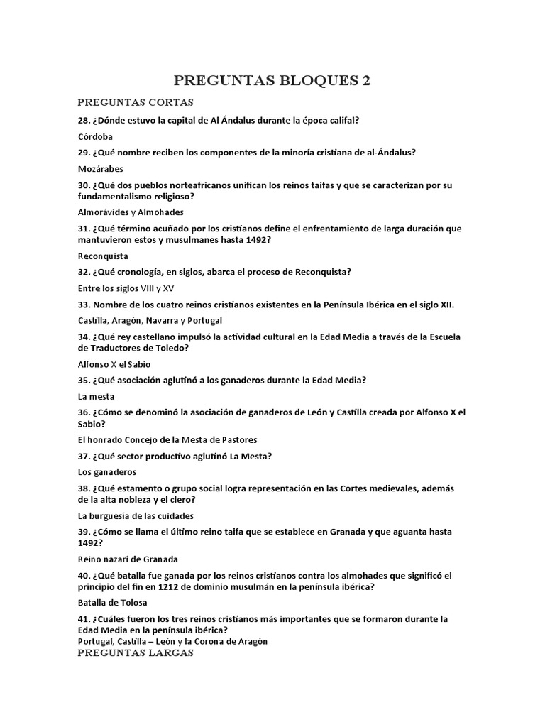 Preguntas Bloque 2 | PDF | Al Andalus | Edades medias