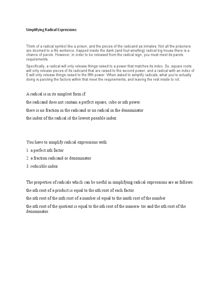 Simplifying Radical Expressions | PDF | Science & Mathematics