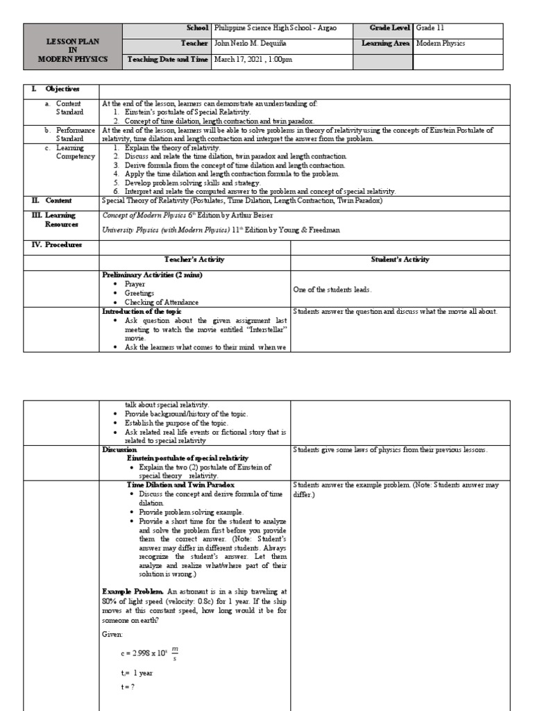 Lesson Plan | PDF | Special Relativity | Theory Of Relativity