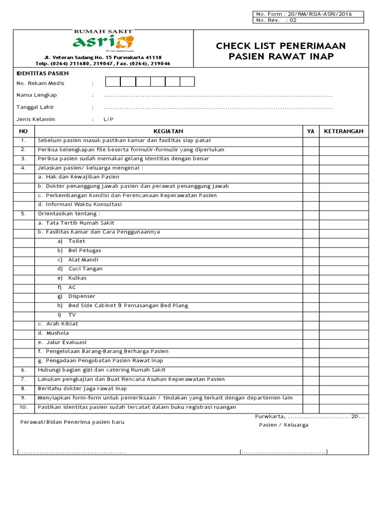 Cheklist Penerimaan Pasien Baru Fix | PDF | Hukum | Sains & Matematika