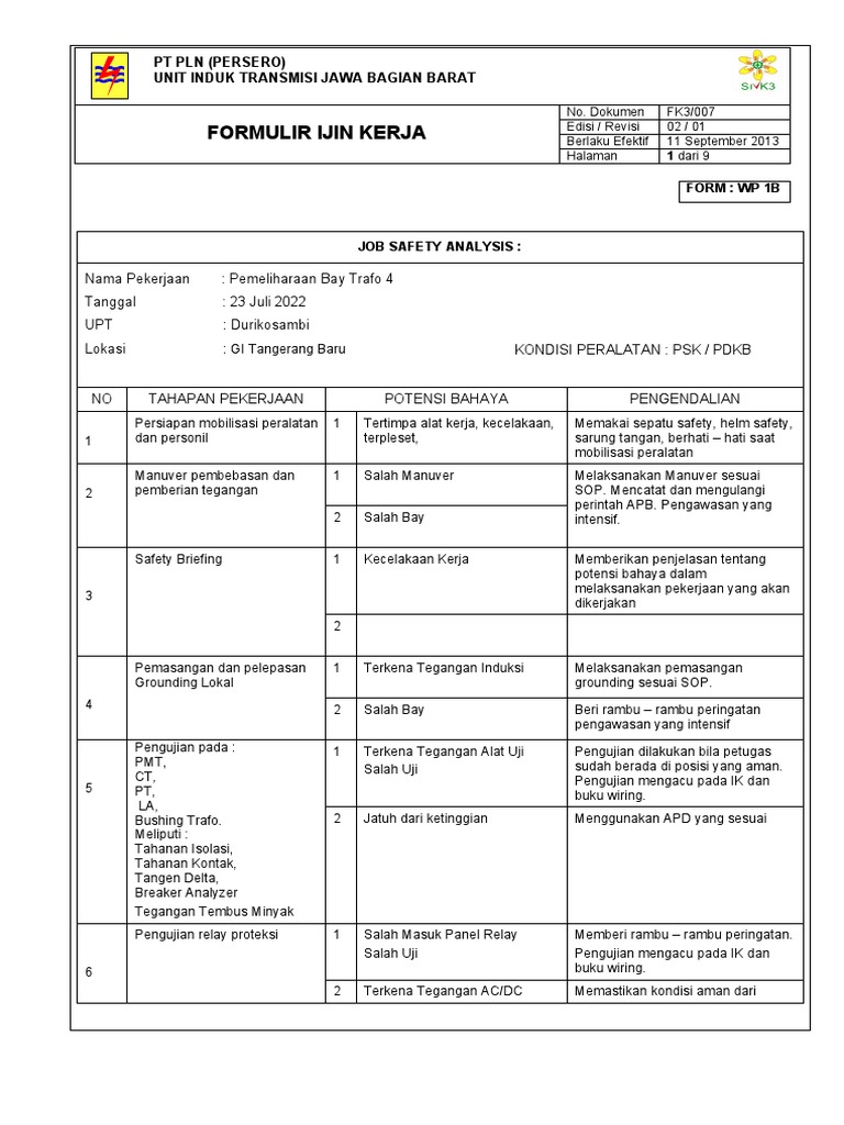 JSA Pemeliharaan Bay Trafo | PDF