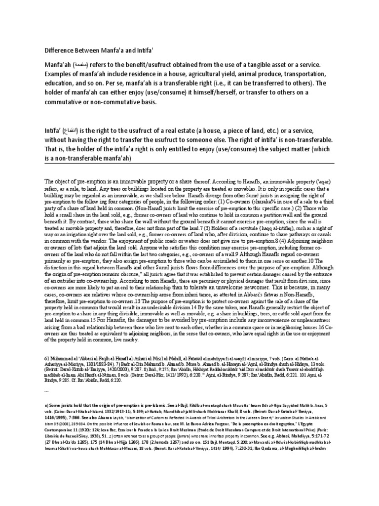 Manfa'ah vs. Intifa': Key Differences Explained | PDF | Property | Sharia