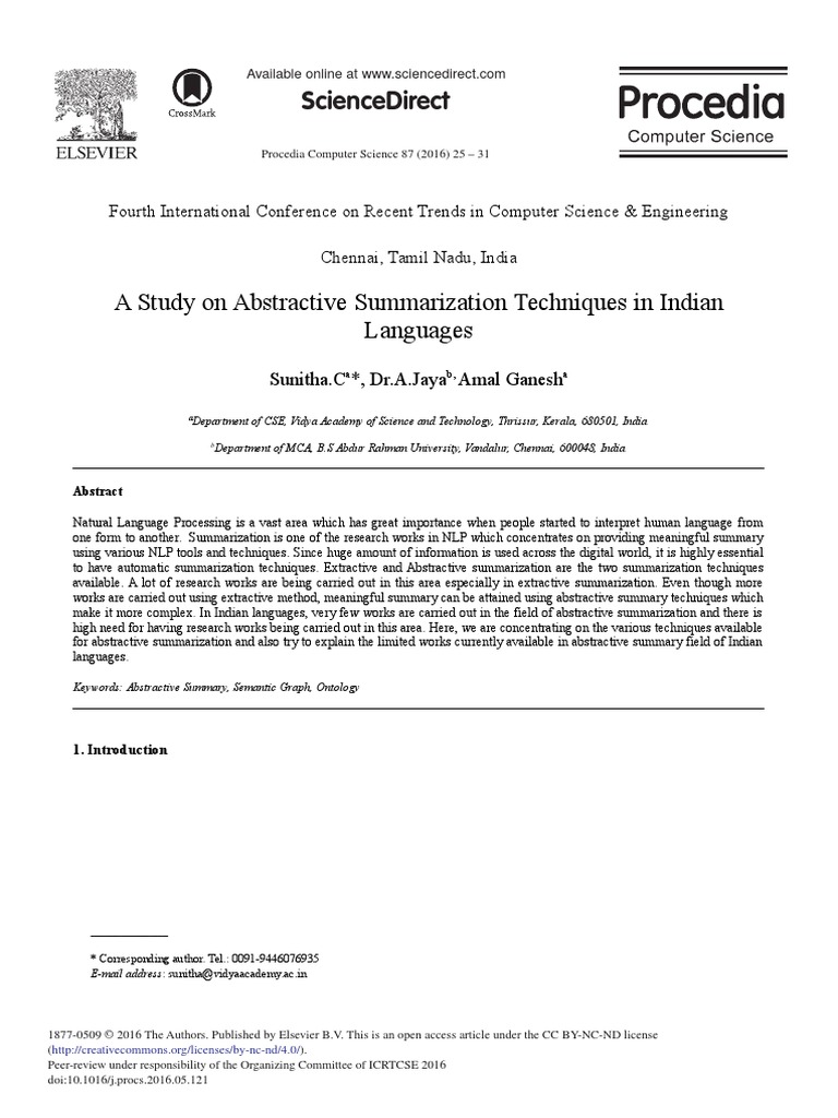 A Study On Abstractive Summarization Techniques in Indian Languages ...