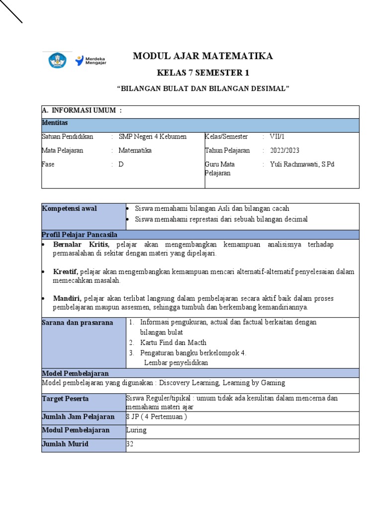 Modul Ajar Matematika | PDF | Metode & Bahan Ajar | Sains & Matematika