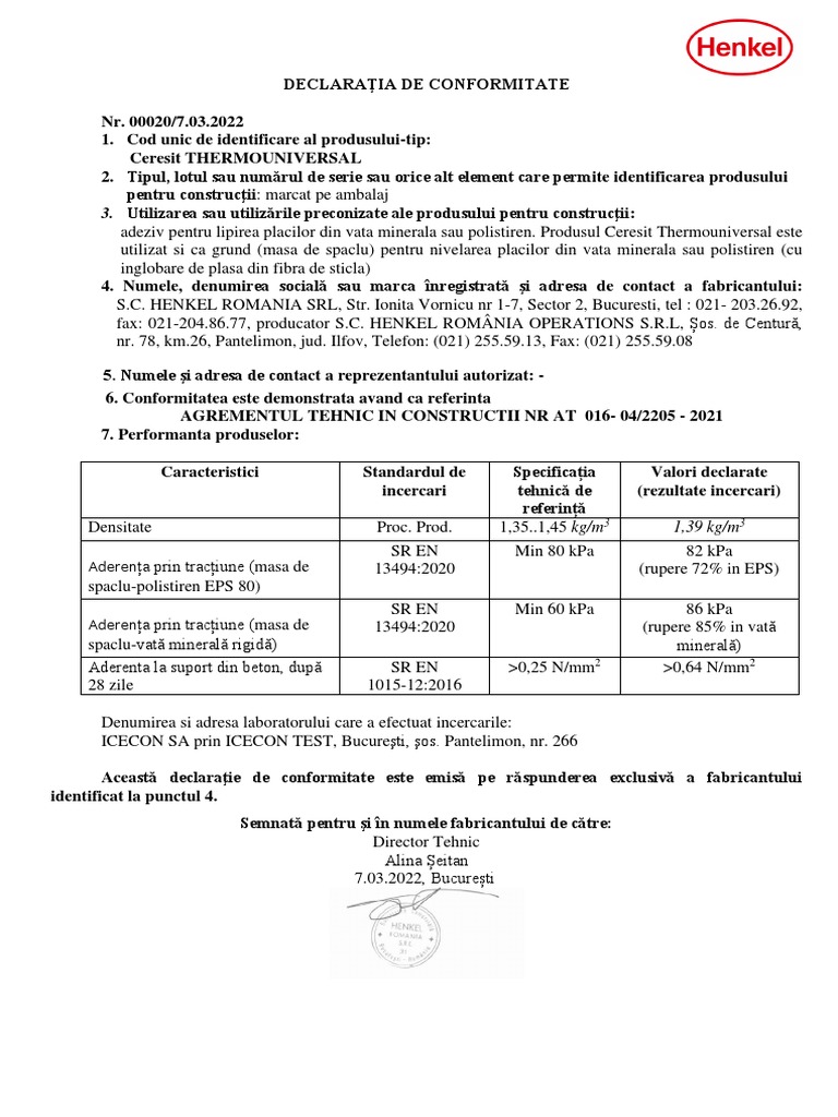 Ceresit ThermoUniversal - Pantelimon Declaratie de Conformitate | PDF