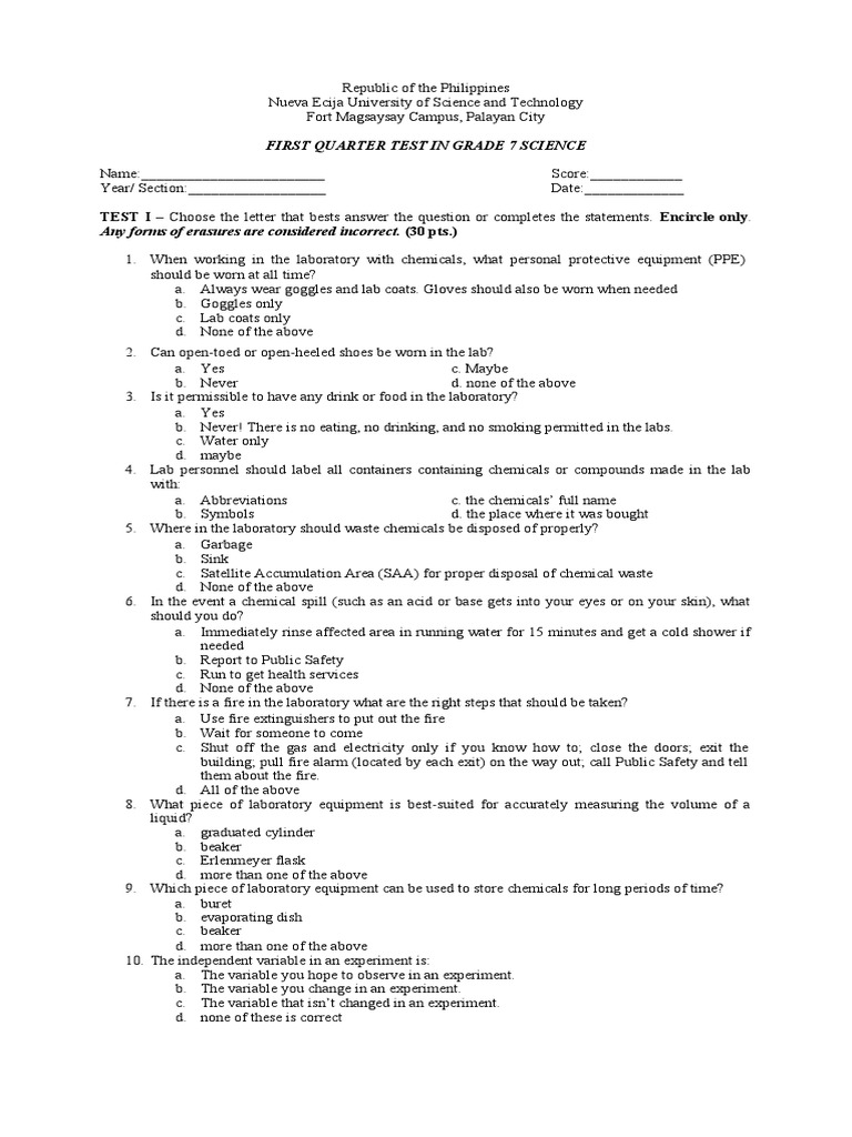 Safety Protocols and Scientific Concepts Covered in a 7th Grade Science ...