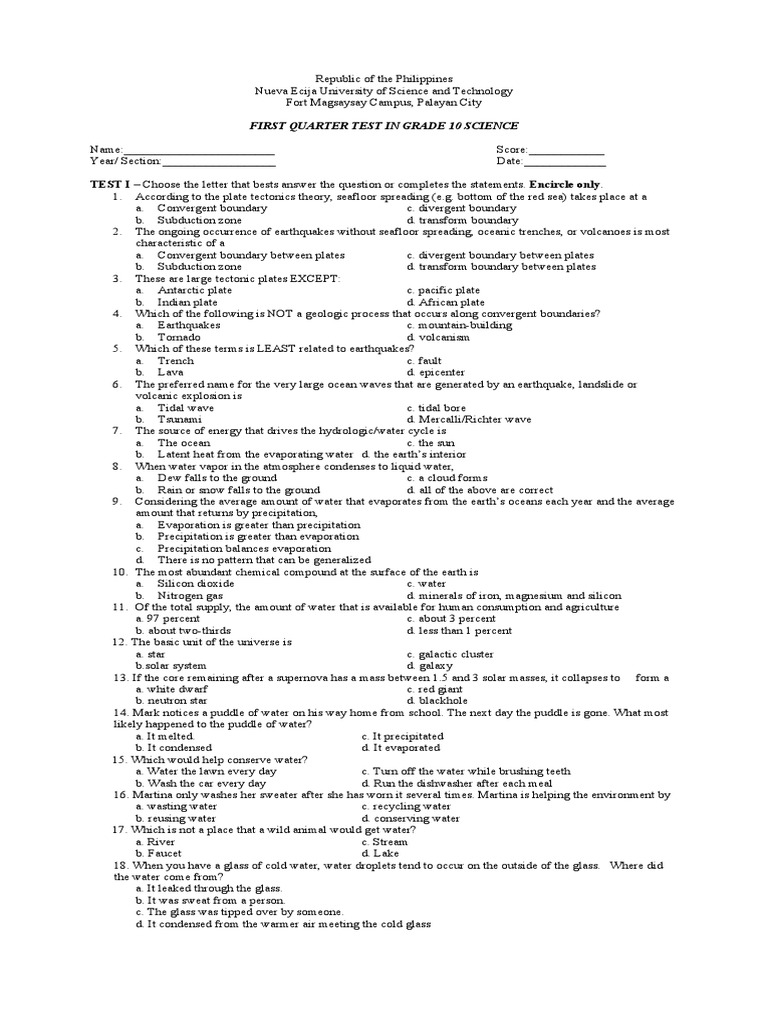 GRADE 10 SCIENCE 1st Quarter | PDF | Plate Tectonics | Water