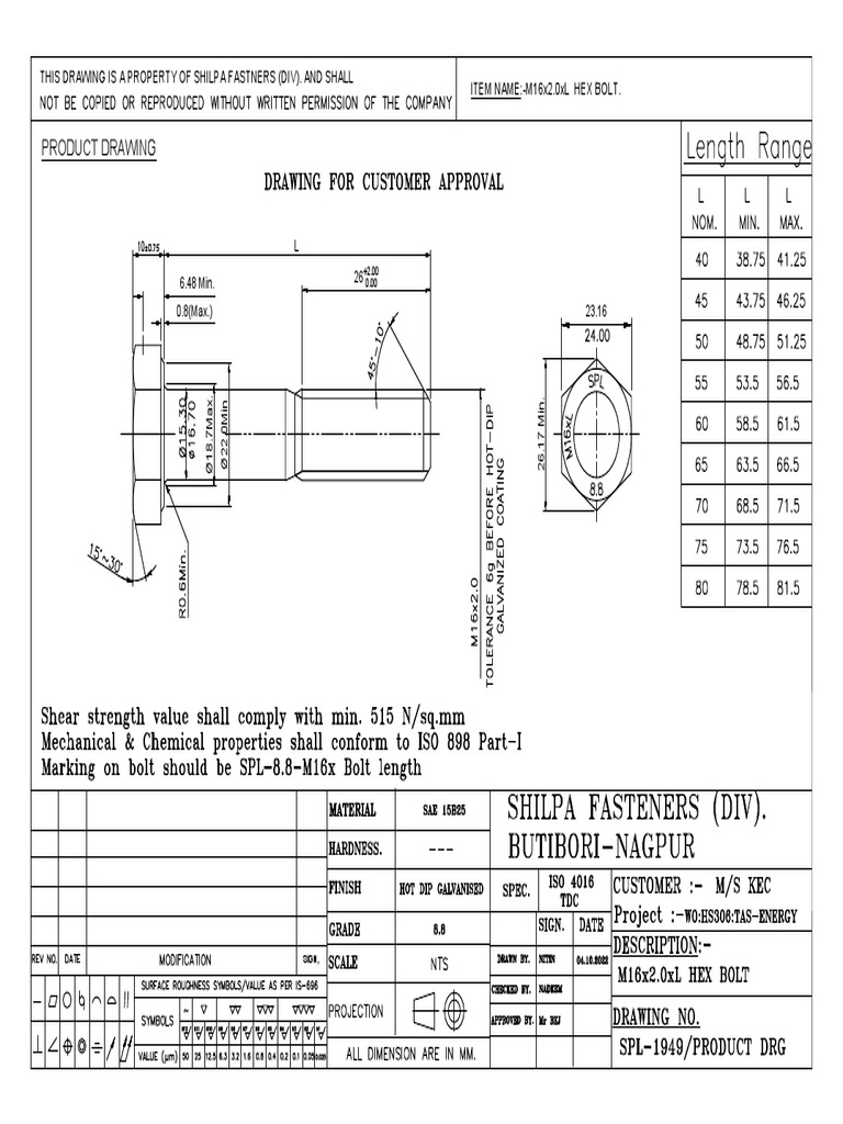 Spl-1949, m16x2.0xl Hex Bolt | PDF