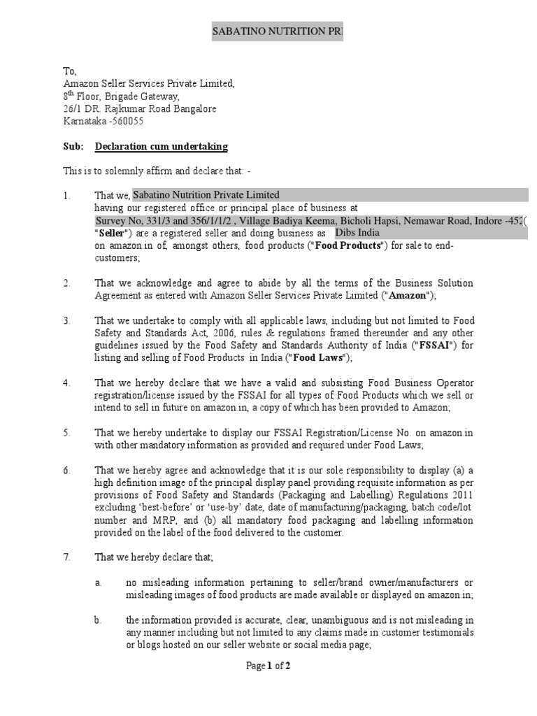 FSSAI Declaration for Amazon Sellers | PDF | Food Safety | Justice