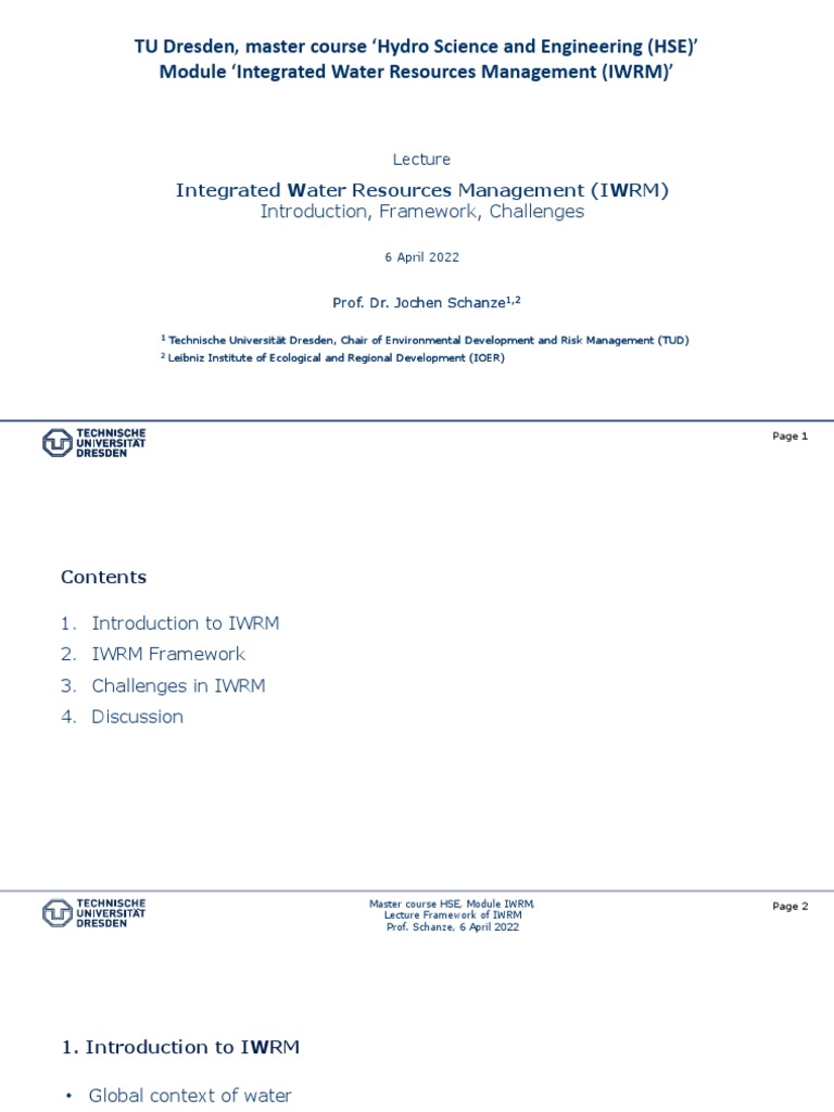 IWRM-I-2022 L01 Introduction To IWRM Schanze | PDF | Water Security | Governance