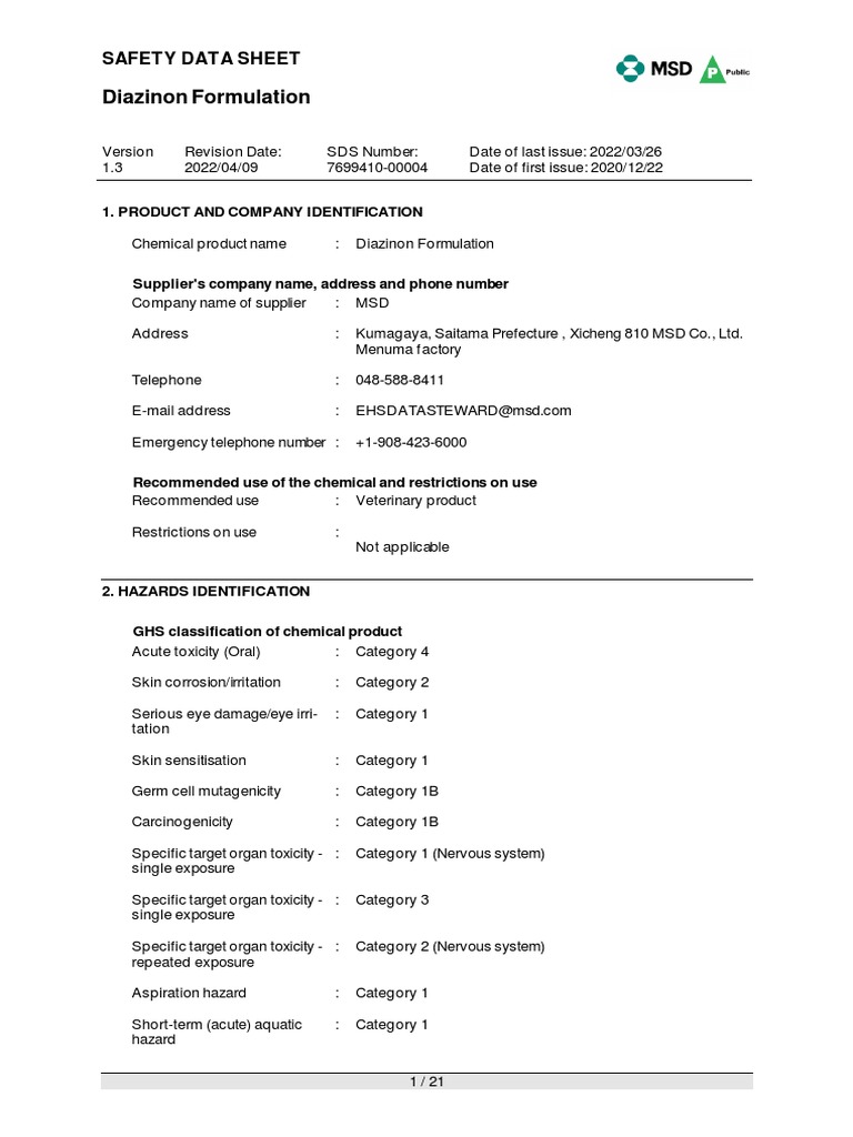 Product Safety-Data-Sheets Ah-Sds Diazinon Formulation AH JP 6N | PDF ...