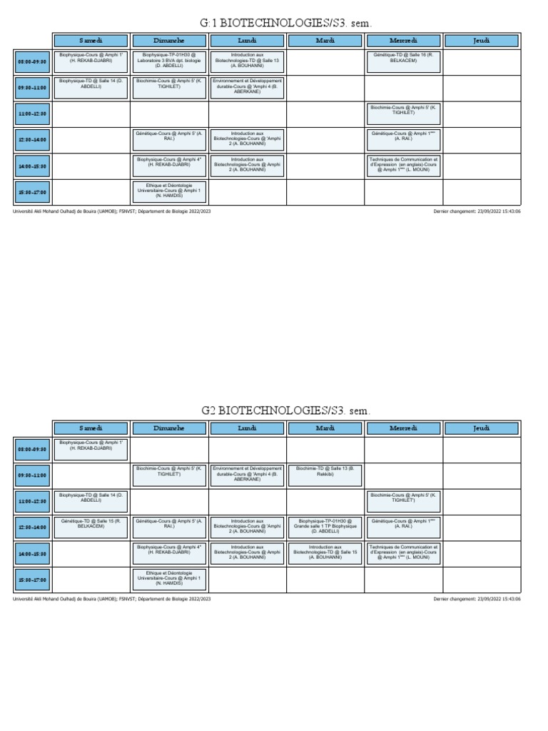 Emplois Du Temps S1 DPT de Biologie 2022 2023 | PDF | Sciences ...