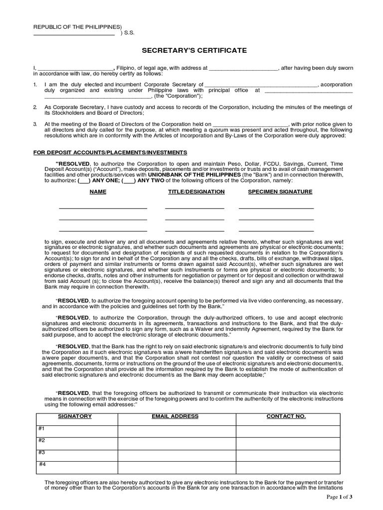Unionbank Sec Cert | PDF | Cheque | Banks