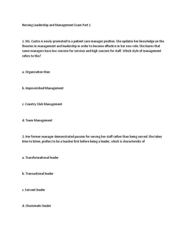 Nursing Leadership and Management Exam Part 1 | PDF | Leadership | Nursing