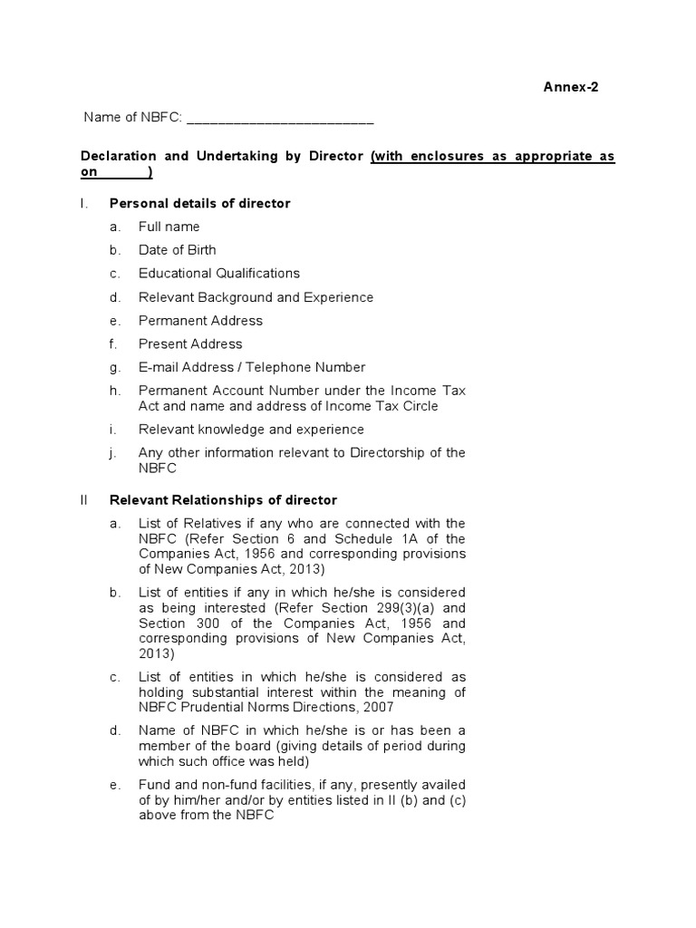 Master Circular - NBFC - Annexure 2 - Declaration by Director | PDF