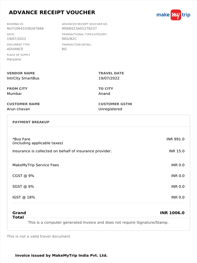 Advance Receipt for Bus Booking | PDF