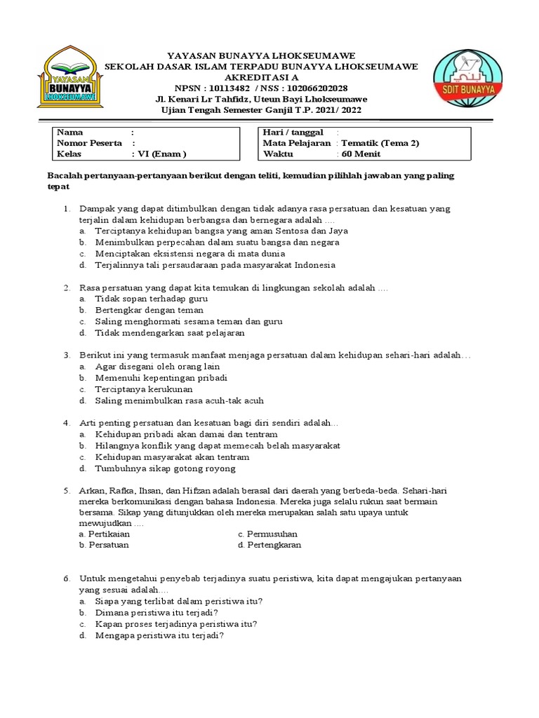 Soal Uts Tema 2 Kelas 6 | PDF