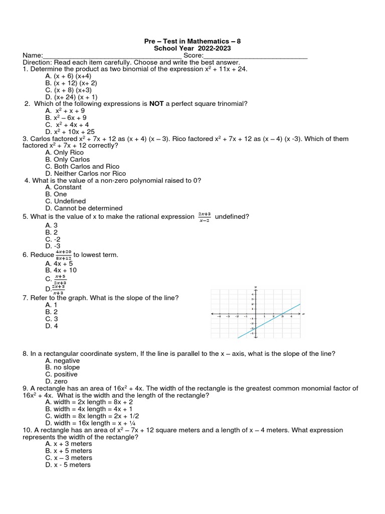 Pre-Test Mathematics 8 | PDF | Mathematics | Elementary Mathematics