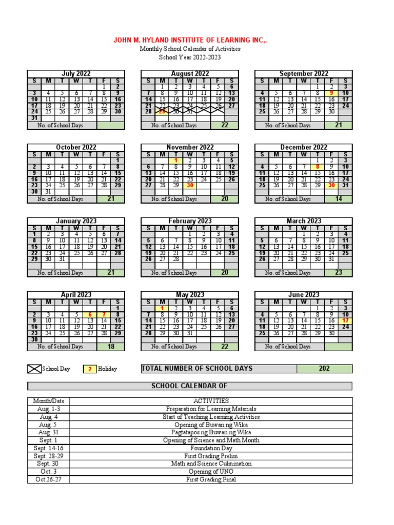 2022-2023 School Calendar Activities | PDF