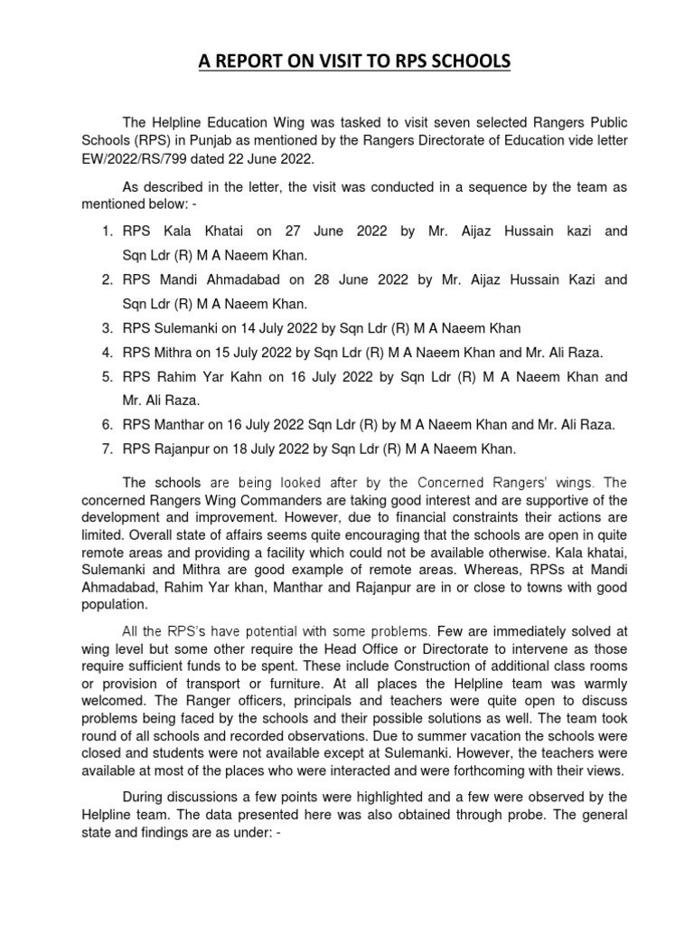 A Report On Visit To RPS Schools | PDF | Teachers