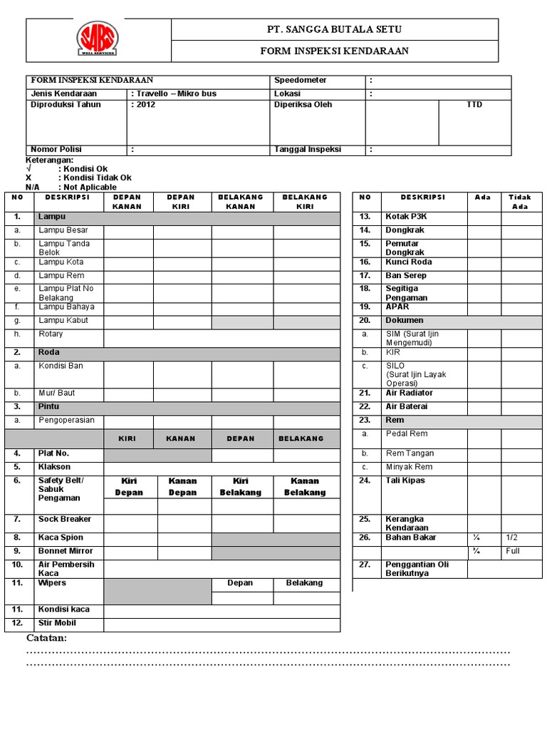 Form Inspeksi Kendaraan PT Sangga Butala Setu | PDF