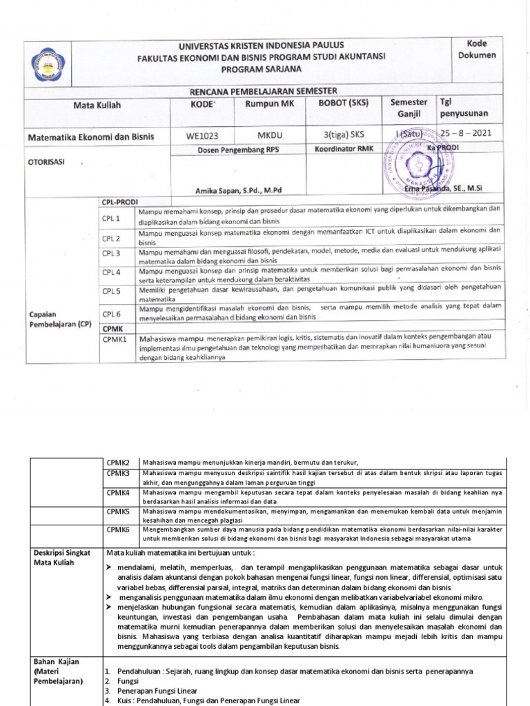 RPS Matematika Ekonomi Dan Bisnis - Revisi - Upload | PDF
