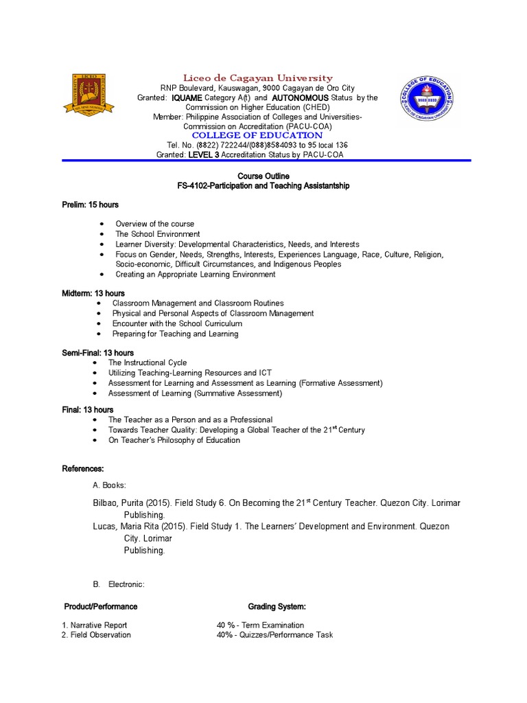 FS-4102-Course Outline - Participation and Teaching Assistantship | PDF ... FS-4102-Course Outline - Participation and Teaching Assistantship | PDF ...