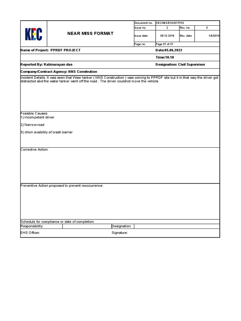 Near Miss Reporting Format Template | PDF