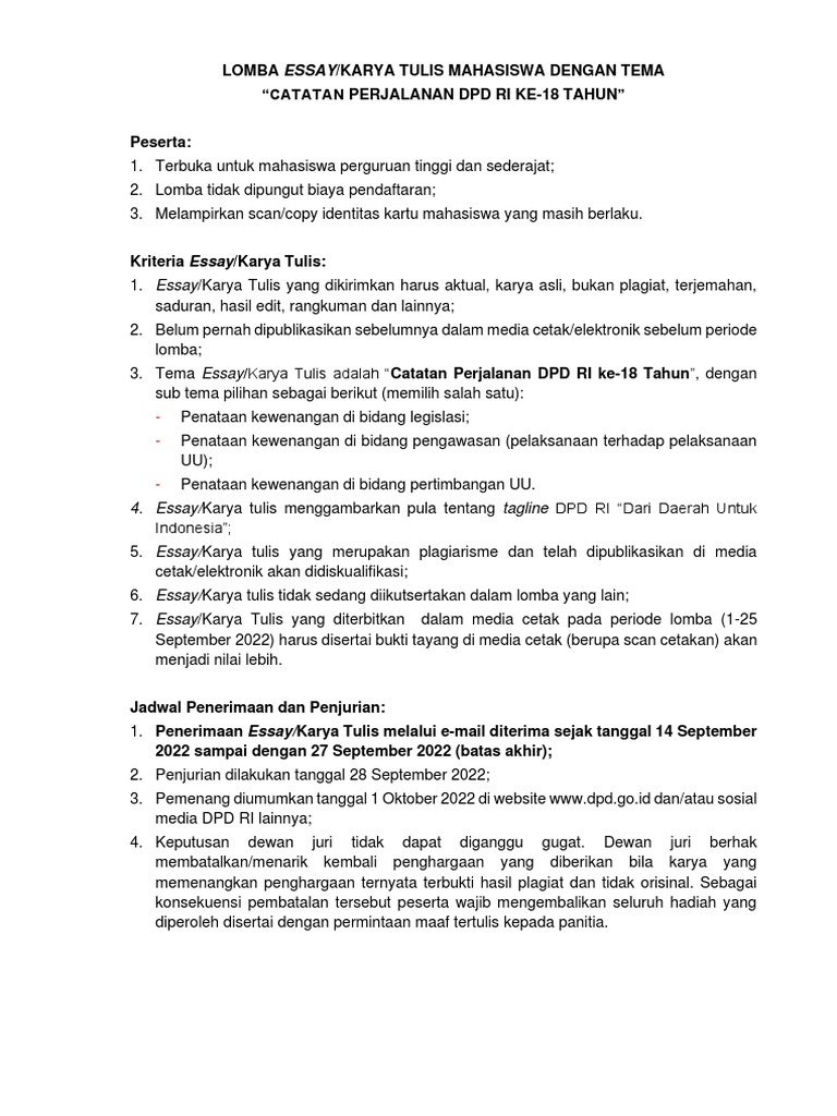Contoh Makalah Lomba Essay Hut Ke-18 DPD RI | PDF