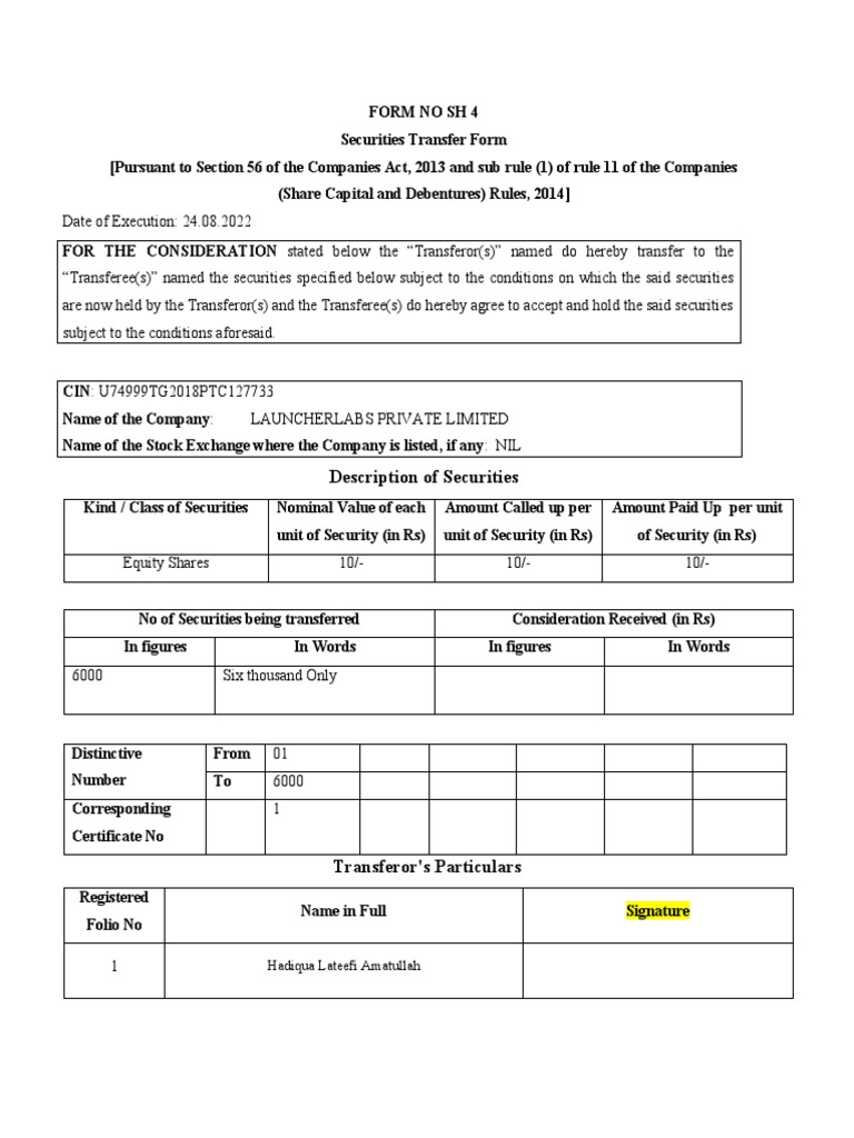 Securities Transfer Form SH 4 Template | PDF | Securities (Finance ...