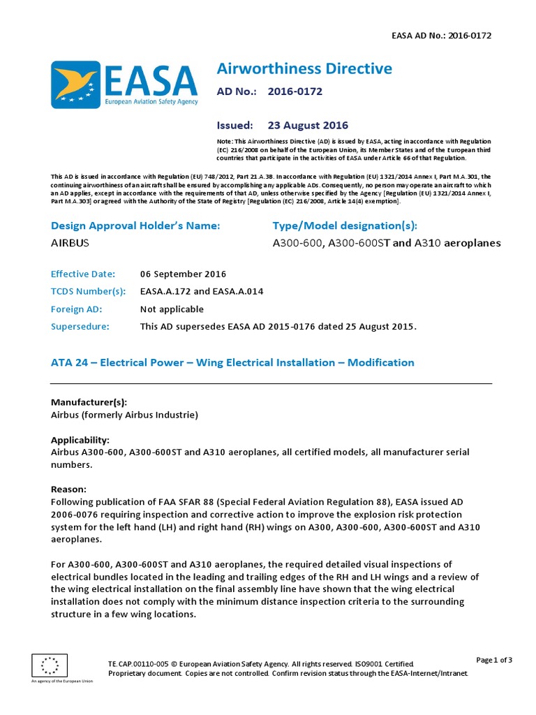Ata 24 - Easa - Ad - 2016-0172 - 1 | PDF | Aviation | Transport
