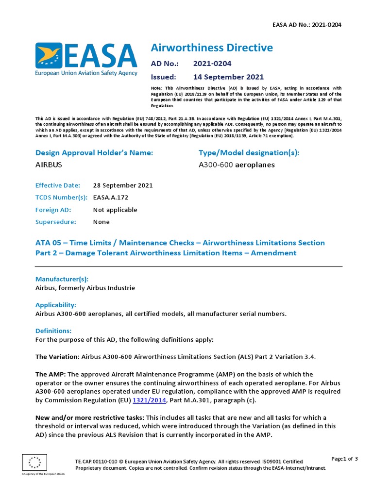 Ata 05 - Easa - Ad - 2021-0204 - 1 | PDF | Aviation | Transport