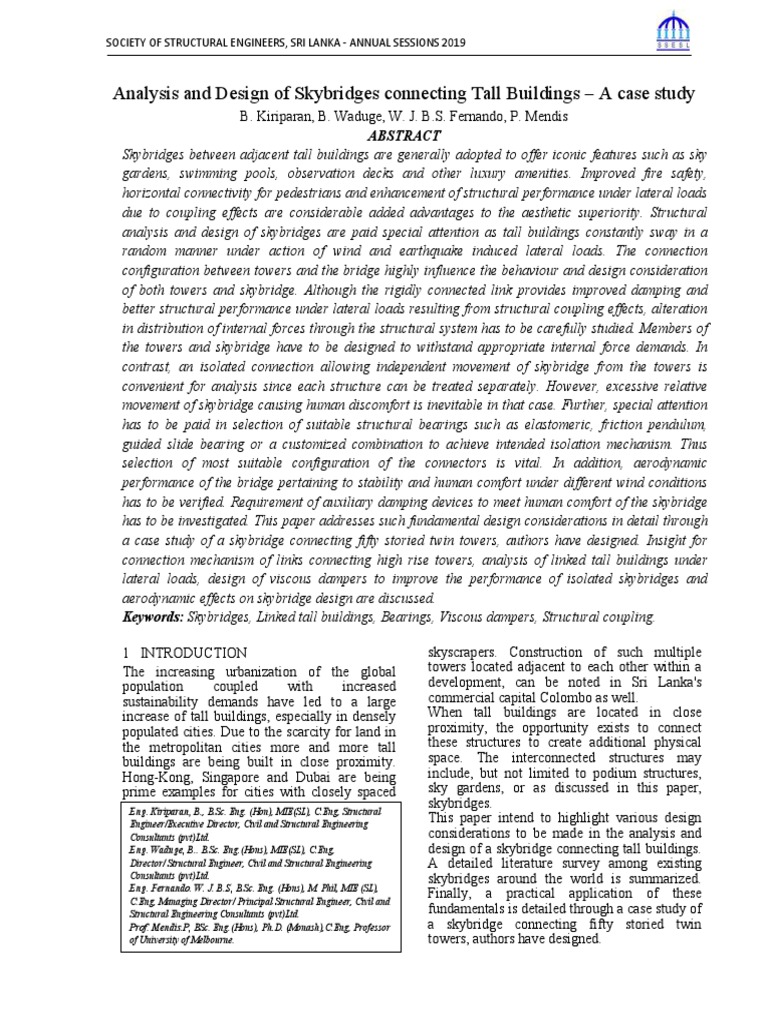 Analysis and Design of Skybridges Connecting Tall Buildings - A Case ...