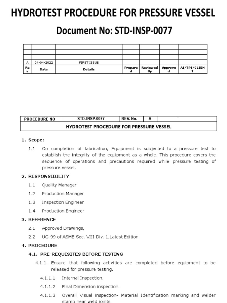Hydrostatic Testing Procedure for Vessels | PDF | Pump | Manufactured Goods